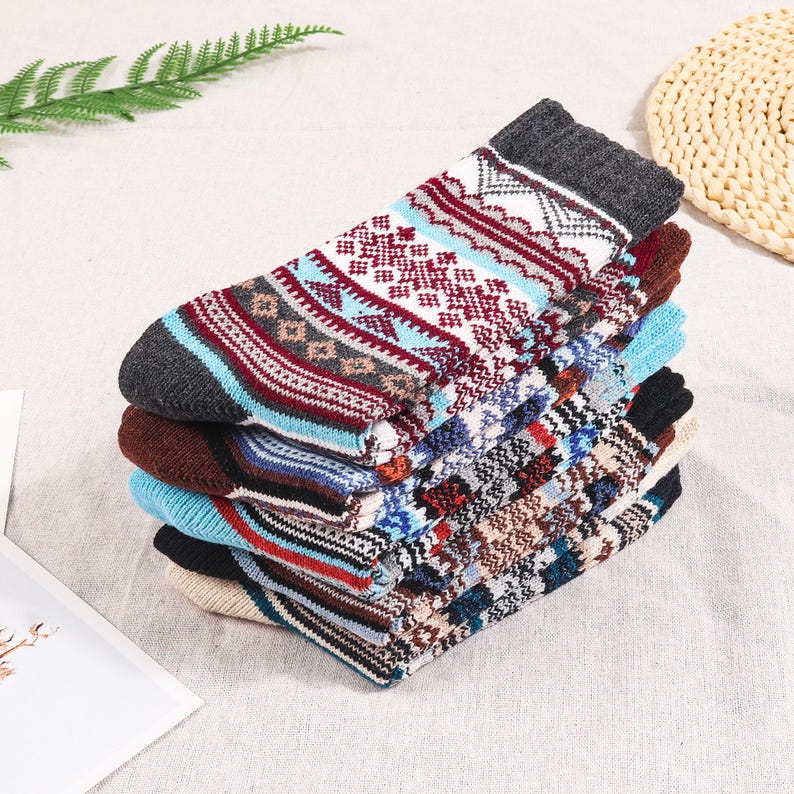 5 Pairs Nordic Winter Warm Wool Ethnic Style Socks, Cozy Winter Socks ...