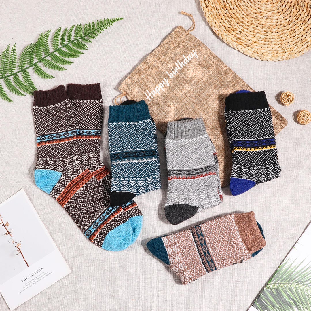 Nordic Style Winter Warm Wool Ethnic Style Socks, 5 Pairs Winter Soft ...
