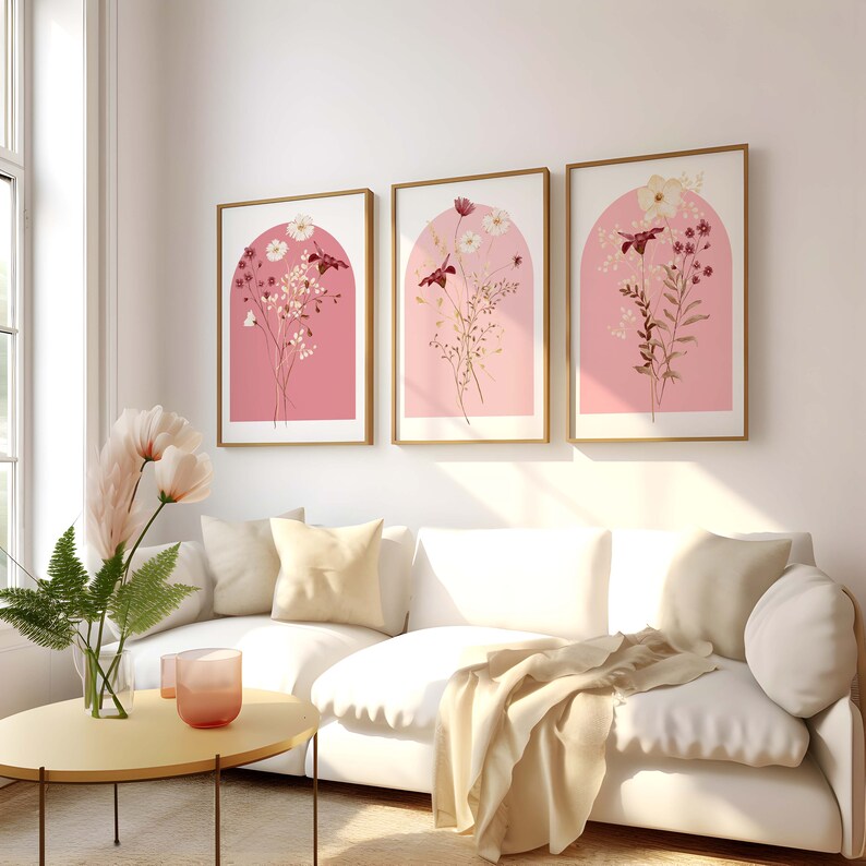 Watercolor Flowers Pink Wall Art Set of 3 Floral Prints Pink Decor Wall ...
