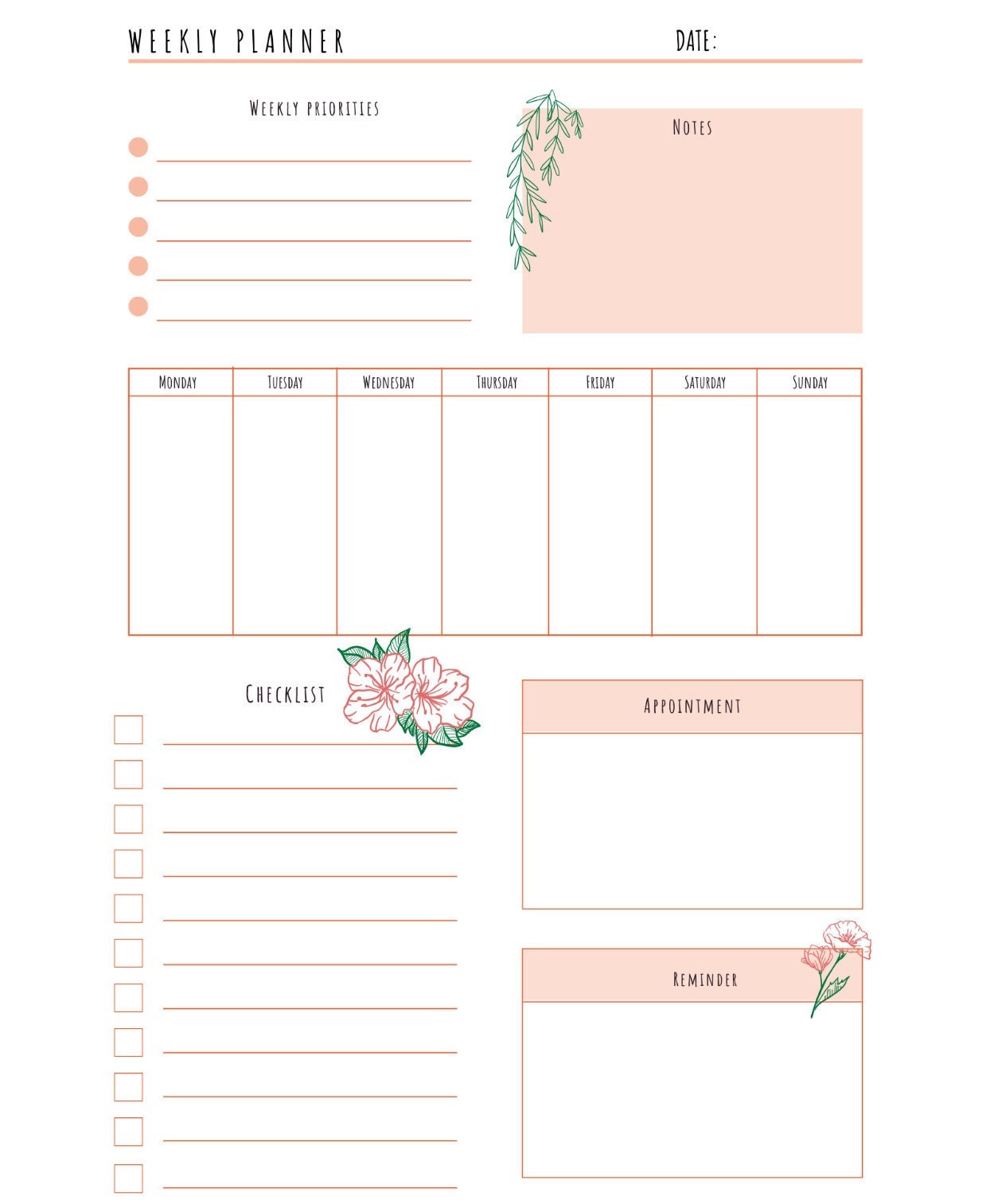 Digital Download, Weekly Planner Sheet, Organizer, Planner, Download ...
