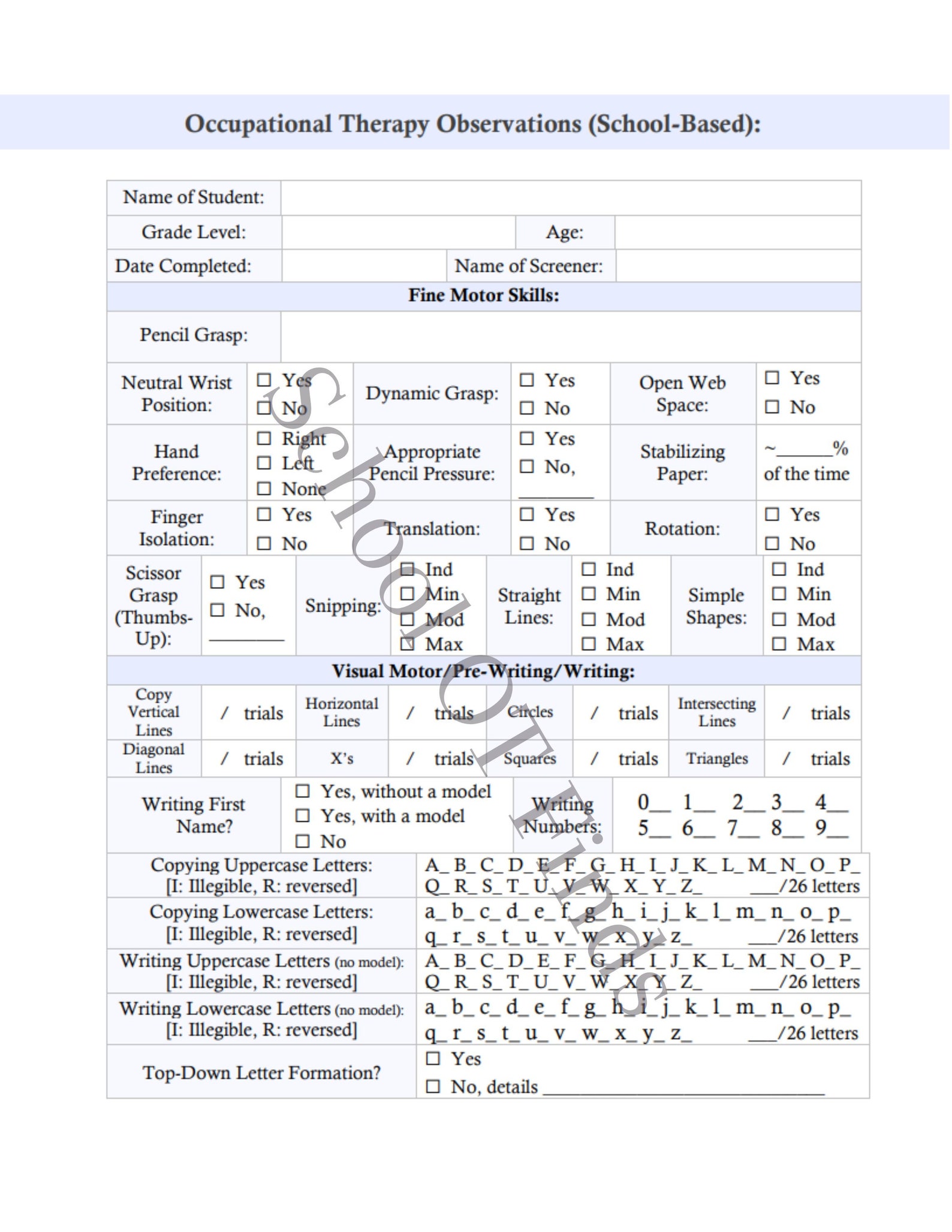 Occupational Therapy Screening Template - Etsy