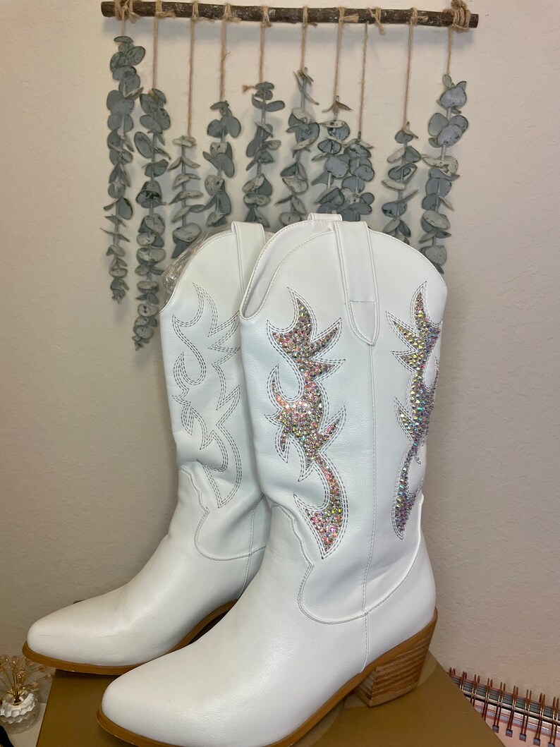 Rhinestone Cowgirl Boots White Crystal Ab Boots Bachelorette Etsy
