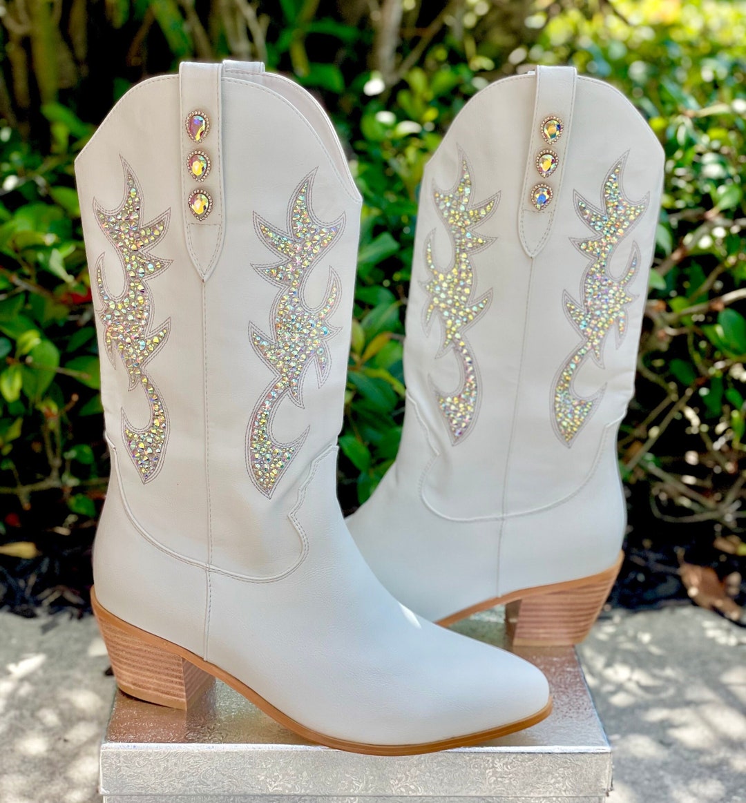 Rhinestone Cowgirl Boots White Crystal AB Boots Bachelorette Party ...