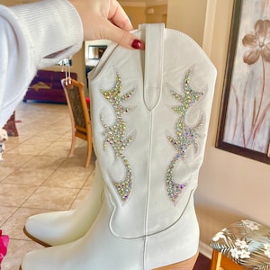 Rhinestone Cowgirl Boots White Crystal AB Boots Bachelorette Party Country Glitter Embroidered ...