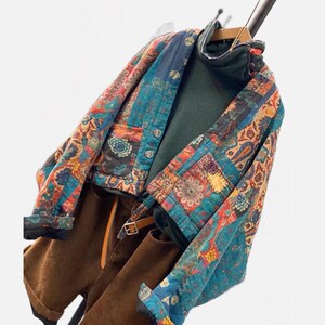 Japanese Patchwork Folk Pattern Cotton Flax Women Haori Padded Kimono ...