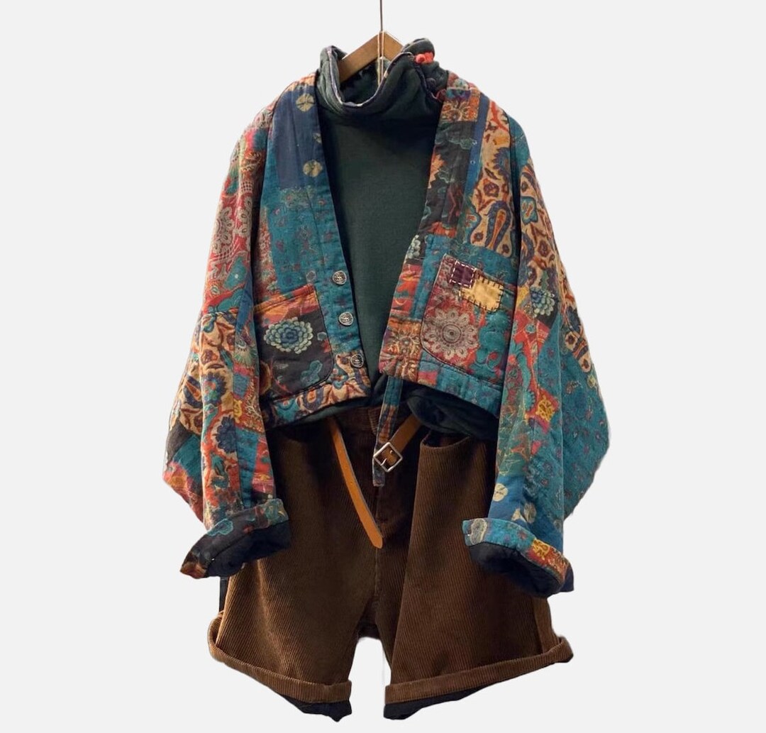 Japanese Patchwork Folk Pattern Cotton Flax Women Haori Padded Kimono ...