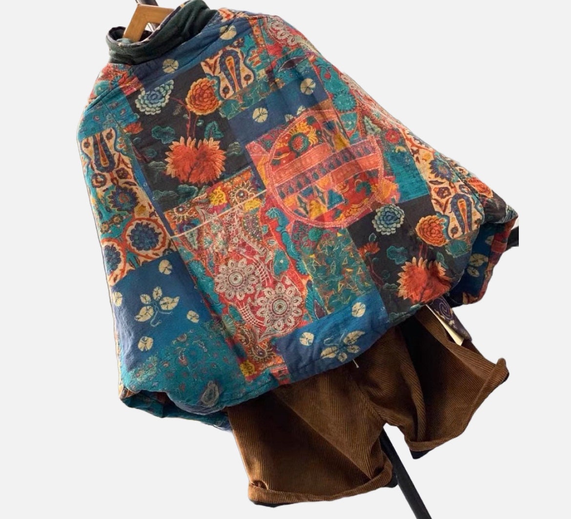 Japanese Patchwork Folk Pattern Cotton Flax Women Haori Padded Kimono ...