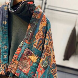 Japanese Patchwork Folk Pattern Cotton Flax Women Haori Padded Kimono ...