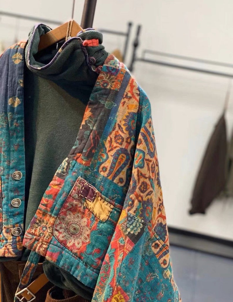 Japanese Patchwork Folk Pattern Cotton Flax Women Haori Padded Kimono ...