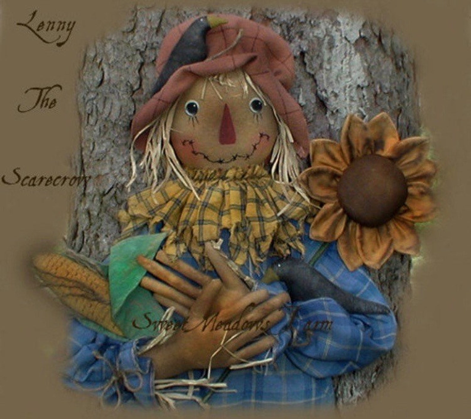 E-pattern Primitive Scarecrow Lenny With Corn, Sunflower, Crows, Big ...