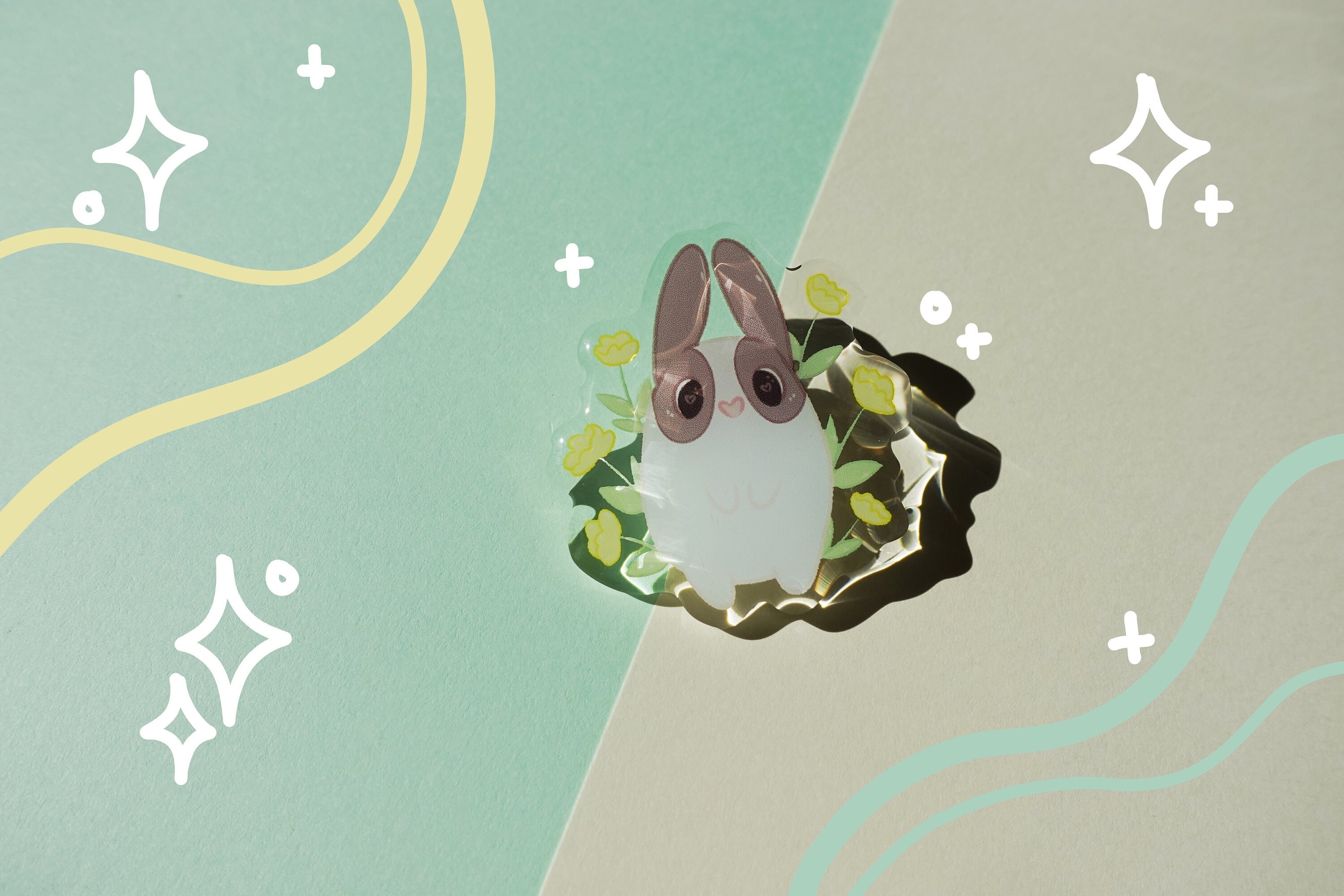 Squiggle the Rabbit and Flowers Kawaii Pine in Acrylic and - Etsy