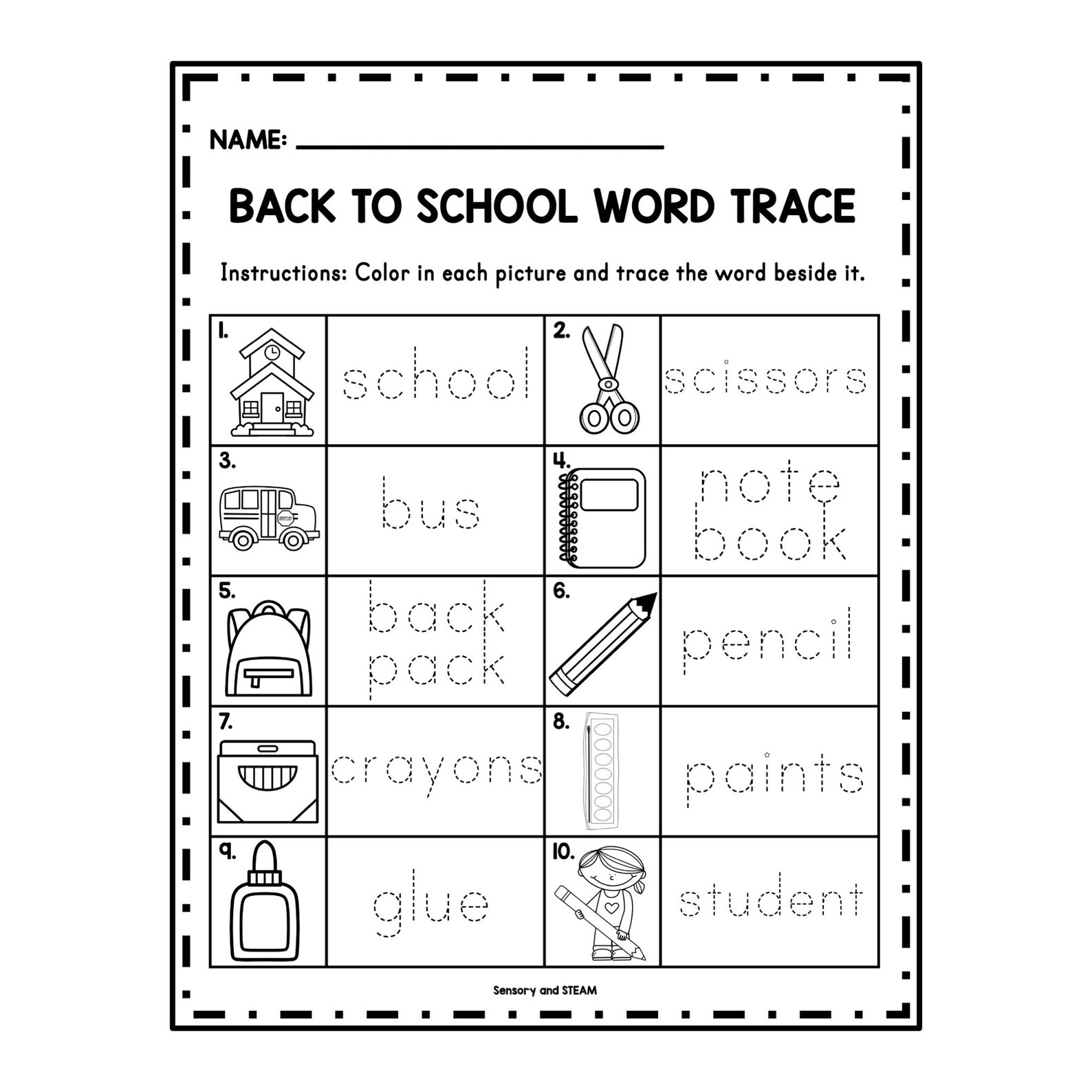 BACK TO SCHOOL Theme Vocabulary Page, Word Wall Strips, and Tracing ...