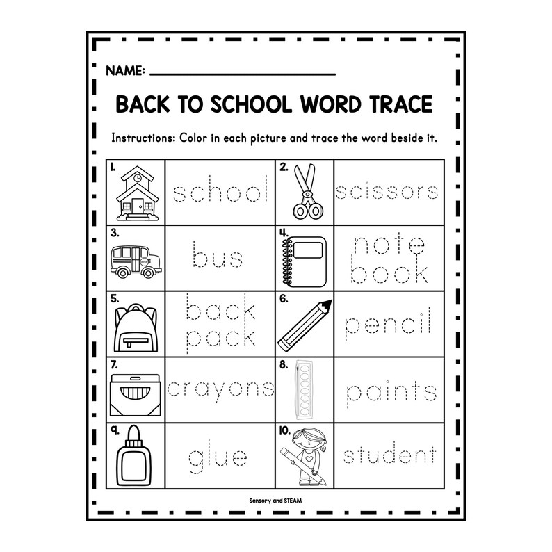 BACK TO SCHOOL Theme Vocabulary Page, Word Wall Strips, and Tracing ...
