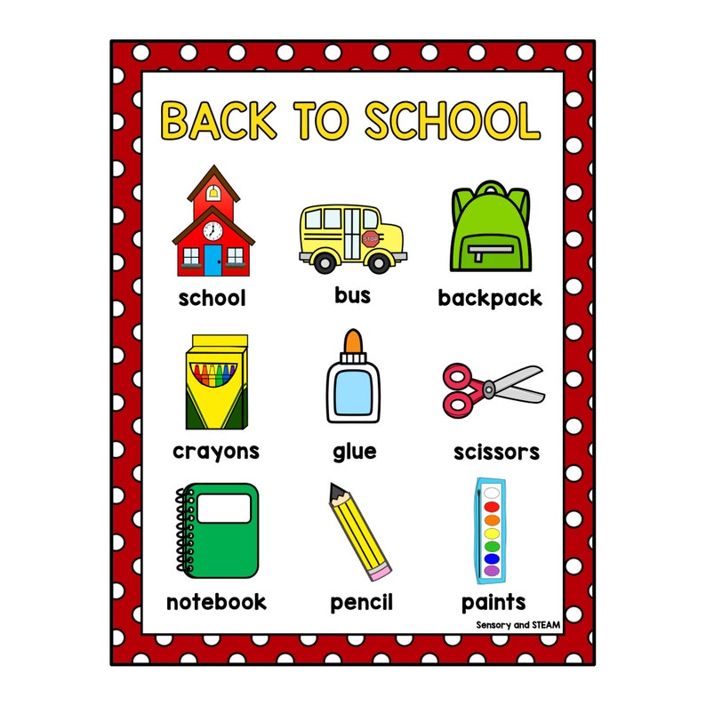 BACK TO SCHOOL Theme Vocabulary Page, Word Wall Strips, and Tracing ...