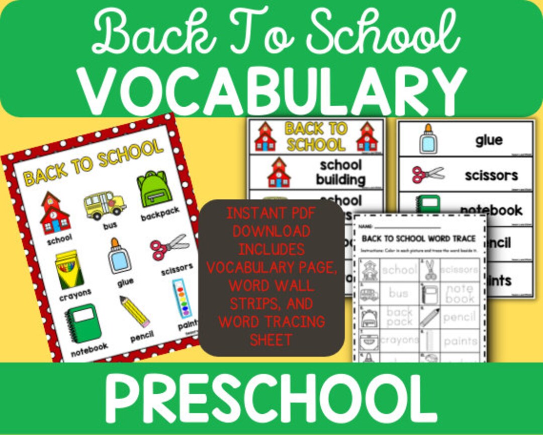 BACK TO SCHOOL Theme Vocabulary Page, Word Wall Strips, and Tracing ...