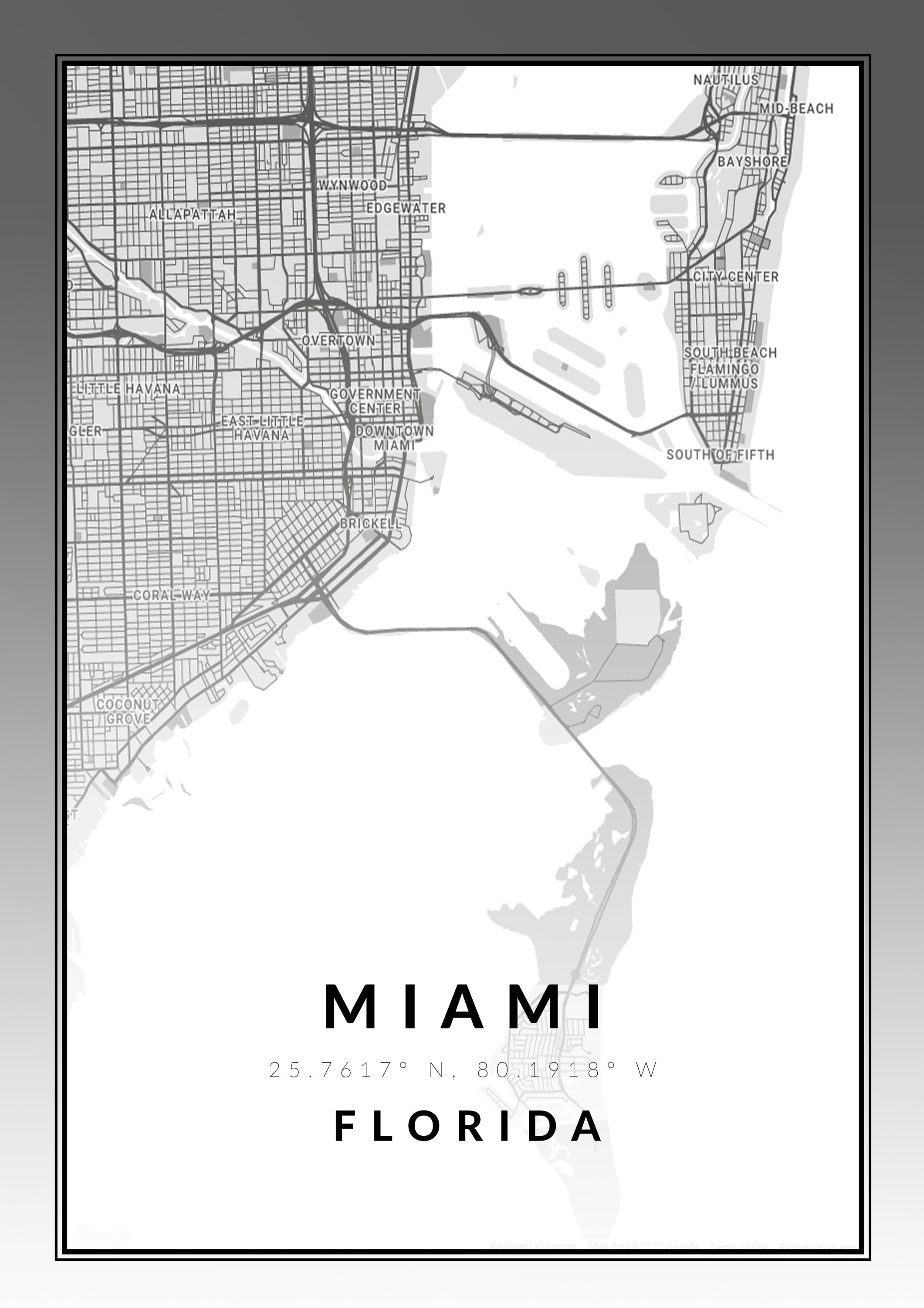 Map of Miami FL. State of Florida. Miami Poster. Printable Word Art ...