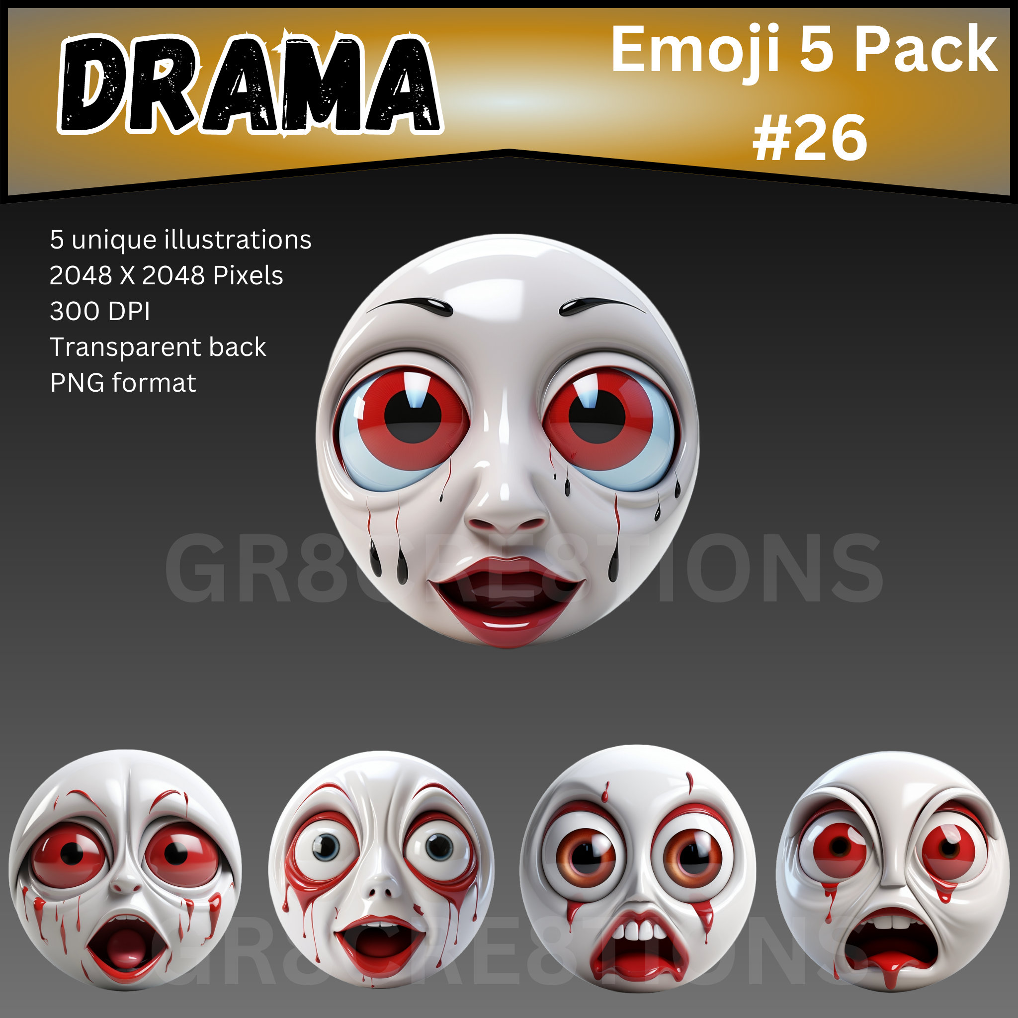 Drama Pack #26 - 5 White Emojis in 3D, 2048 by 2048 PNG, Clown Art ...