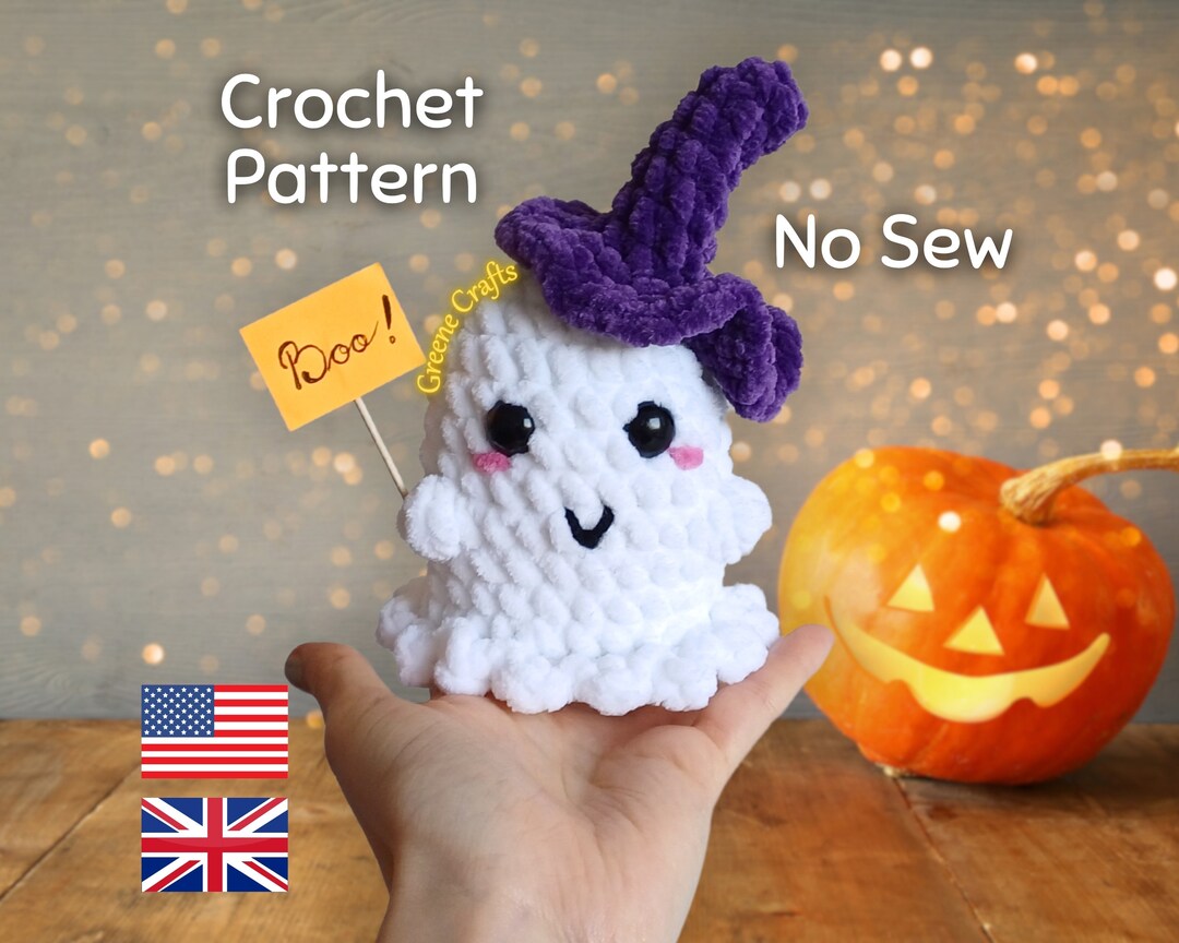No Sew Mini Ghost Plush Toy Crochet Pattern, Cute Ghost With Witch Hat ...