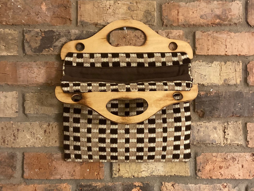 Vintage Bag With Wooden Handles - Market Bag Boho Hippie Festival Bag Brown and White Fabric ...