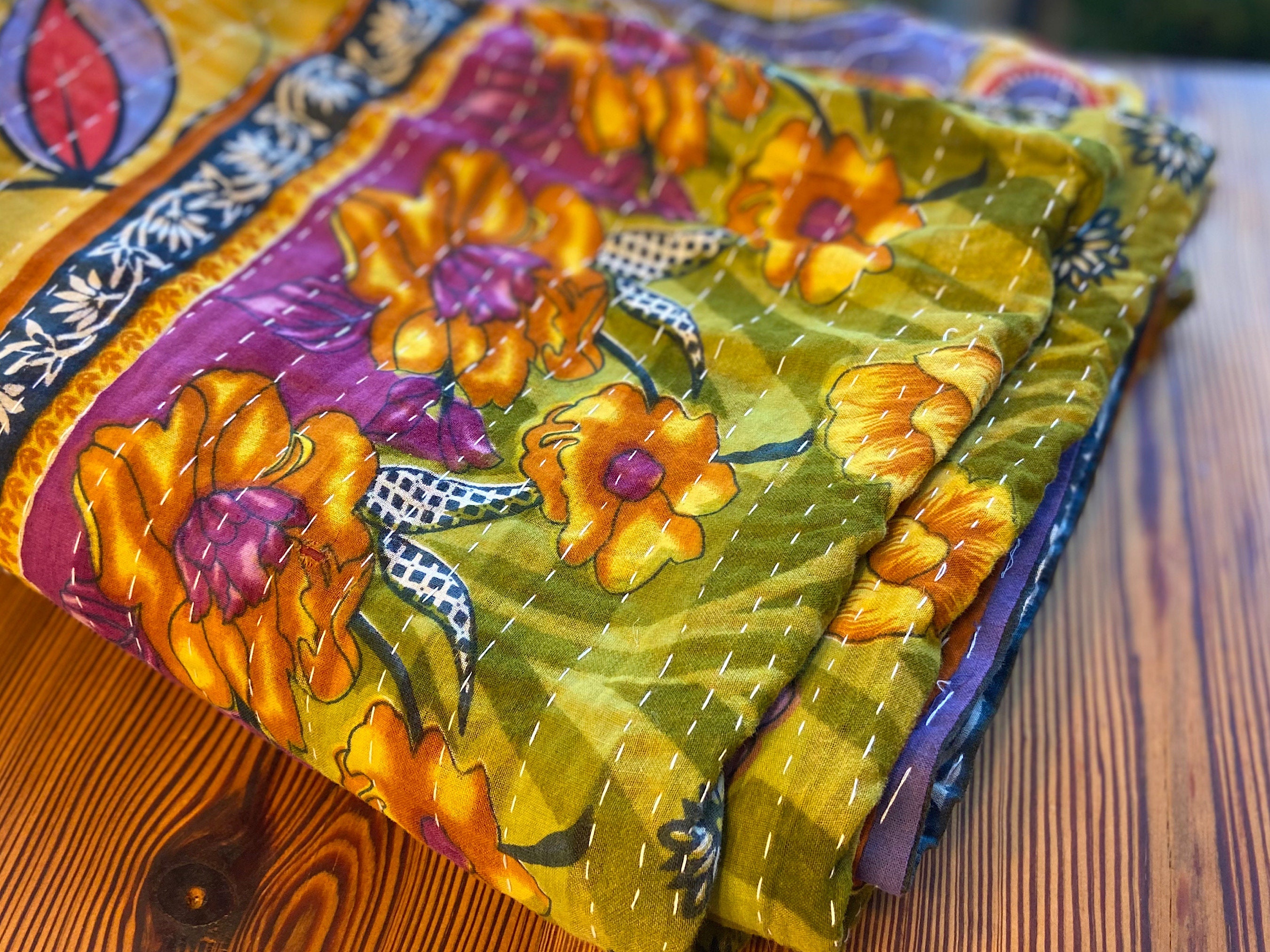 Kantha Quilt Indian Bed Cover Patch Work Handmade Cotton Bedcover Throw ...