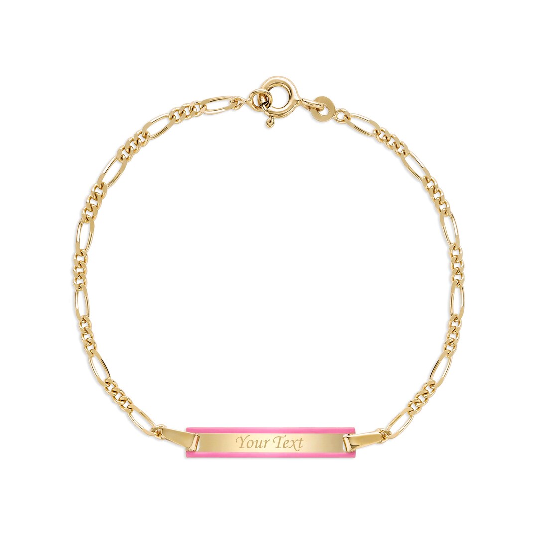 UNICORNJ 14k Yellow Gold Girls ID Bracelet Engravable With Pink Enamel ...