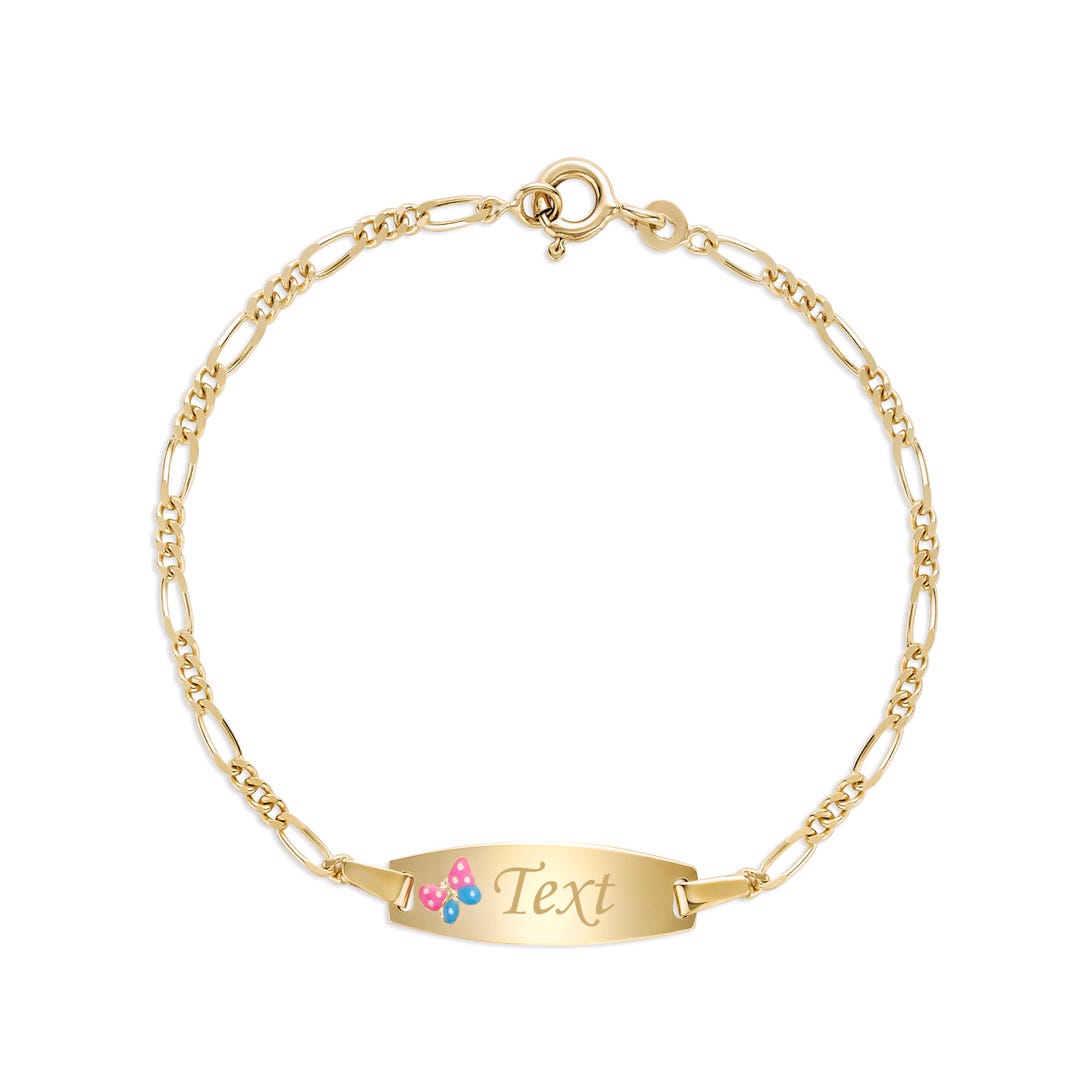 UNICORNJ 14k Yellow Gold Girls ID Bracelet Engravable With Pink and ...