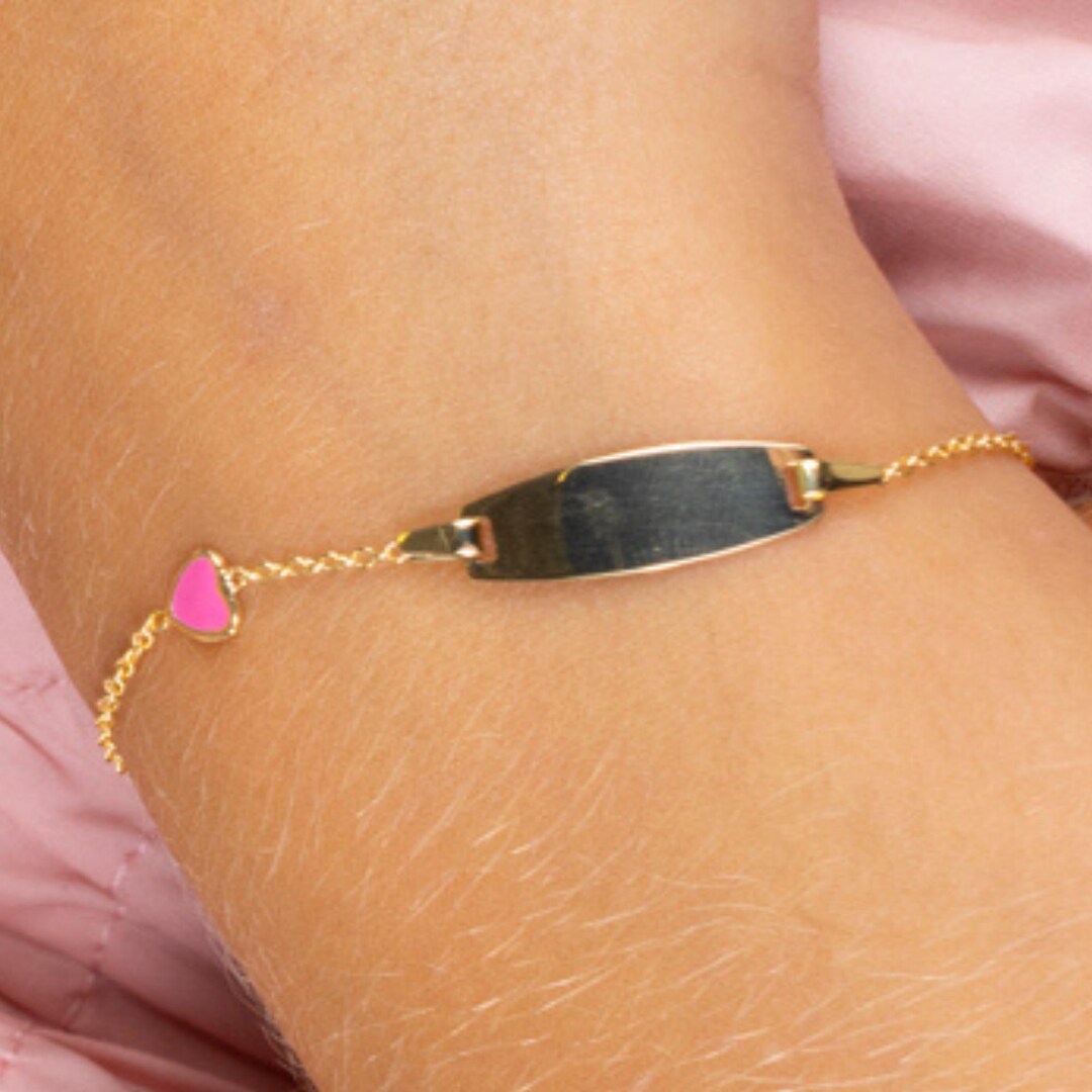 UNICORNJ 14k Yellow Gold Girls ID Bracelet Engravable With Enamel Heart ...