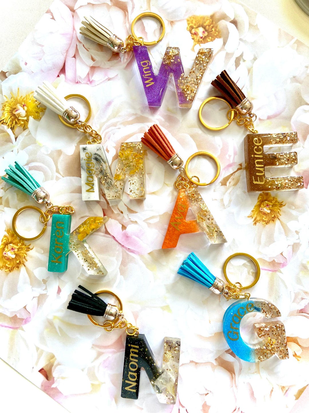 Handmade Personalized Glitter Flower Letter Keychain, Gift for Her - Etsy