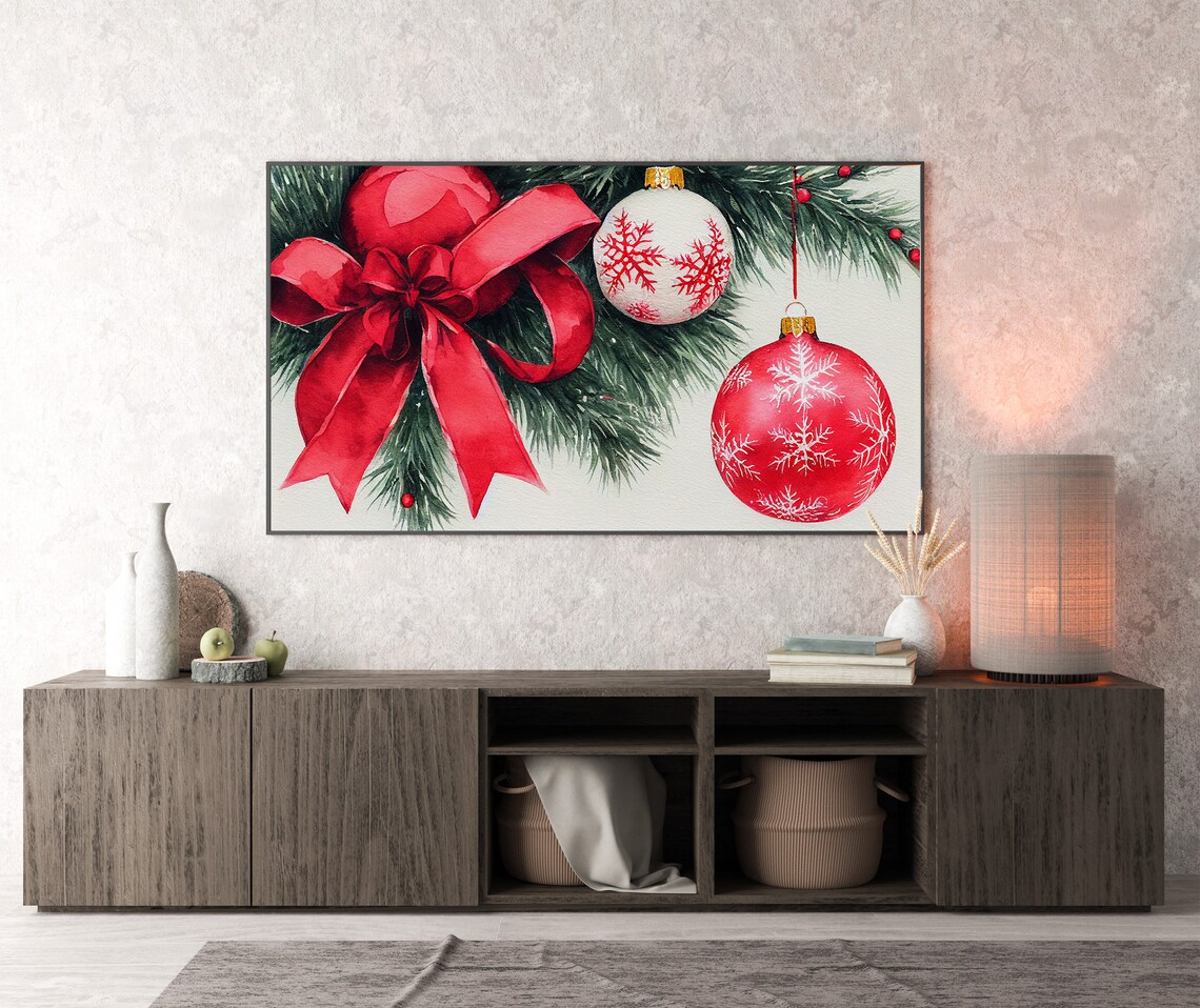 Christmas Frame TV Art | Christmas Tree Ornaments Watercolor Painting ...