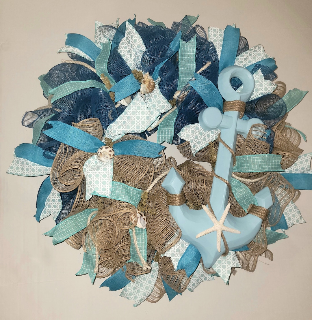 Nautical Beach Theme Wreath, Coastal Summer Door Decor, Anchor Wreath ...