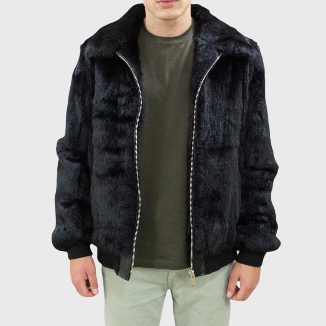 Men’s Black Rabbit Fur Jacket With Collar – Shiny Reflection - High ...