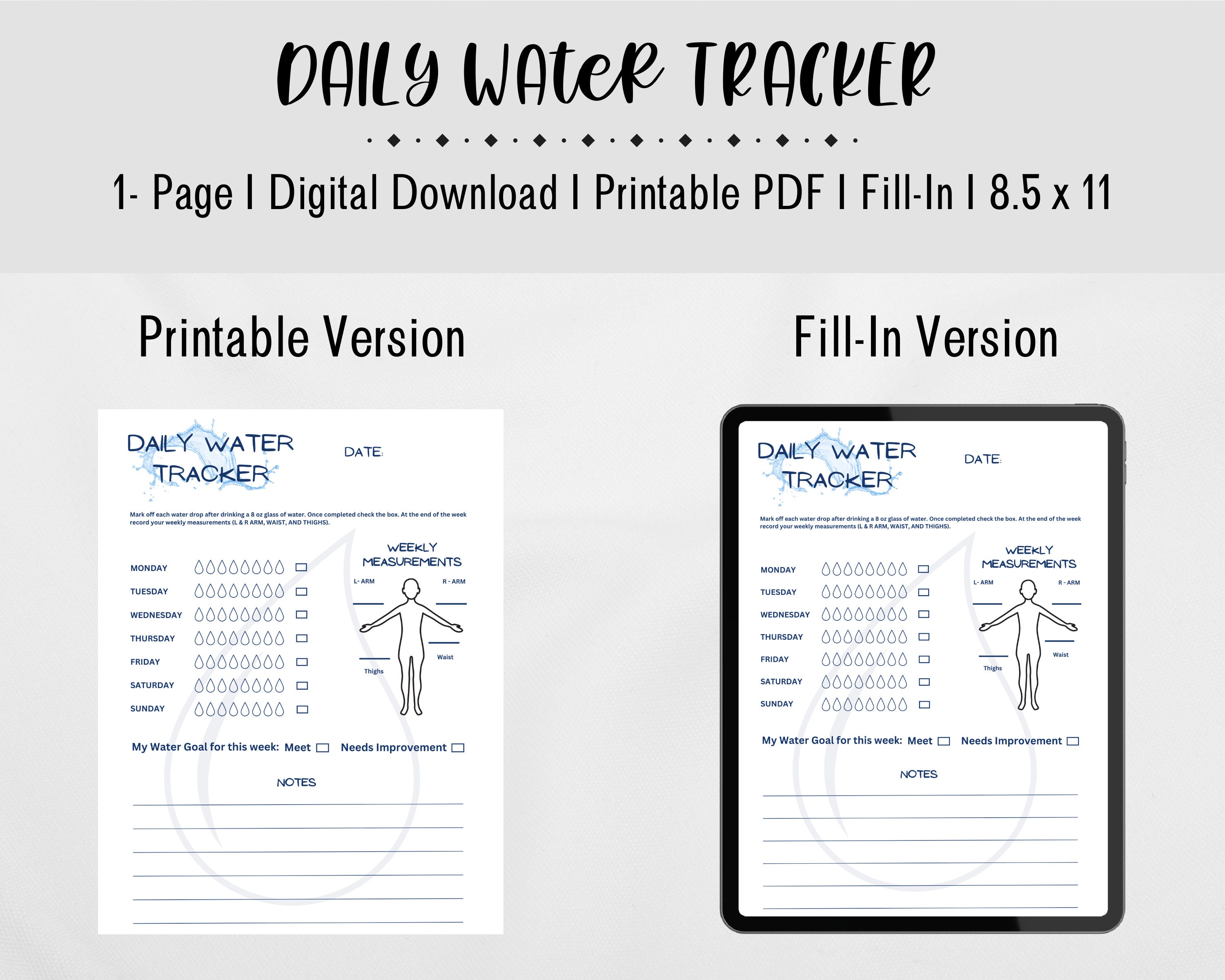 Daily Water Tracker, Pdf, Fill In, Printable, Water Intake, Body ...