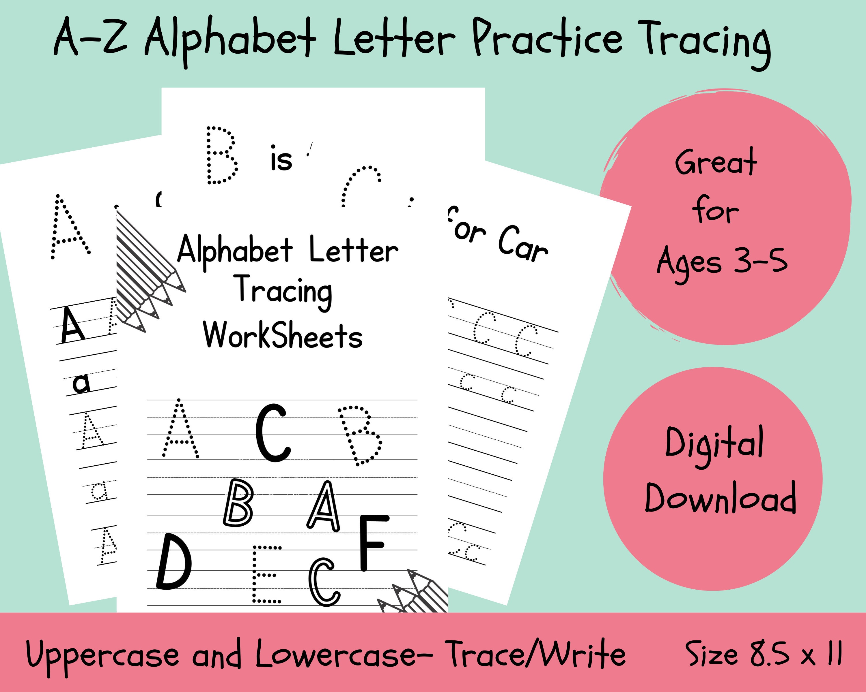 26 Alphabet Letter Tracing Printable Worksheets, Upper & Lower Case ...