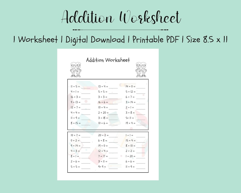 Addition Worksheet, Mathematics, Adding, Numbers, Printable, Digital ...