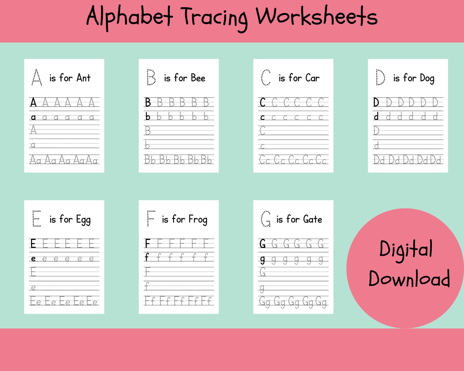 26 Alphabet Letter Tracing Printable Worksheets, Upper & Lower Case ...