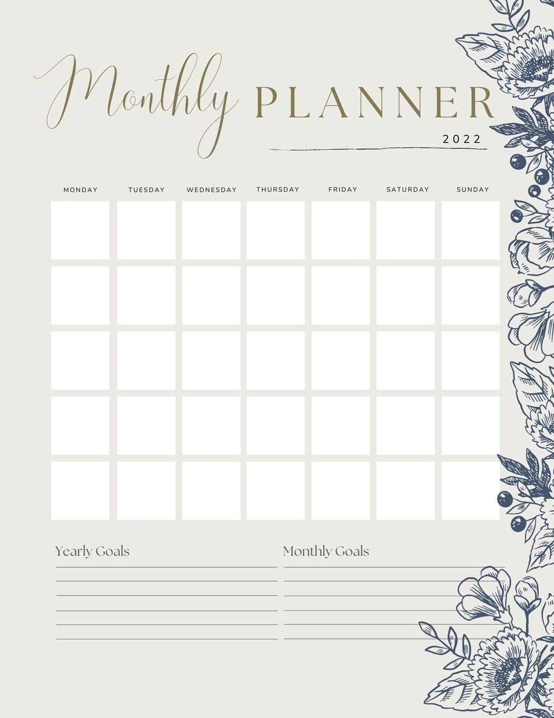 Downloadable Monthly Planner Page, Month at a Glance Planner, - Etsy