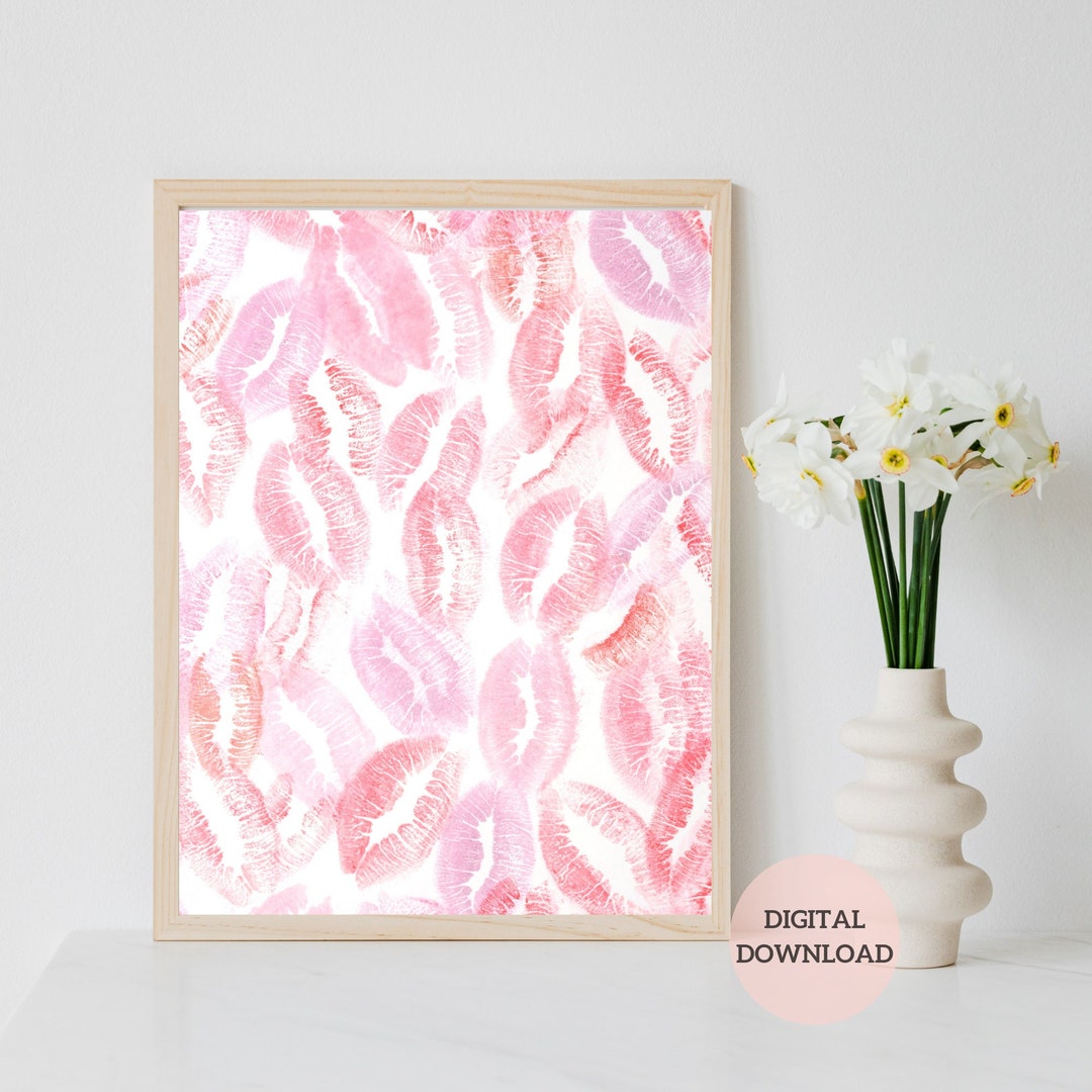 Pink Lip Prints Printable Wall Art Fashion Poster Kiss Art Room Decor ...