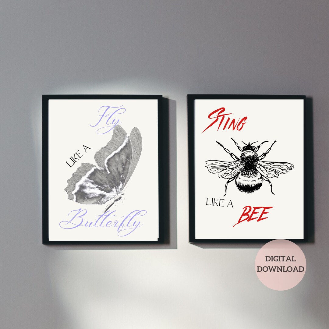 Set of 2 Digital Art Fly Like a Butterfly Sting Like a Bee Quote Wall ...