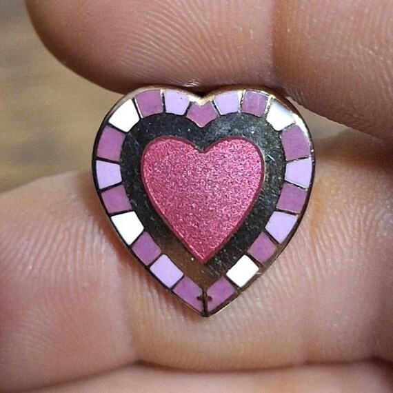 1980s Pink Checkered Heart Cross Enamel Pin - Gem