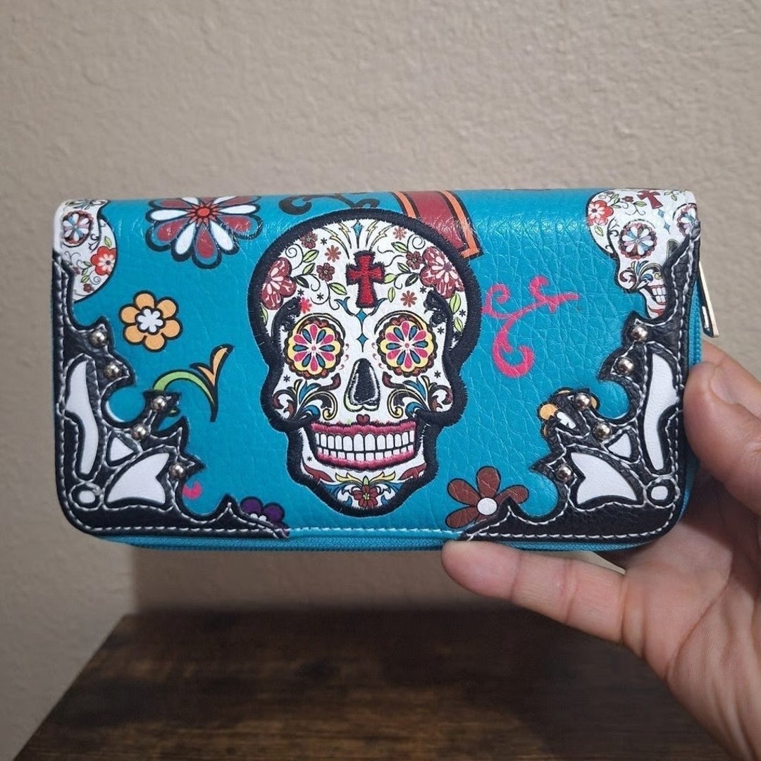 Teal Western Style Sugar Skull Day of the Dead Wallet - Etsy