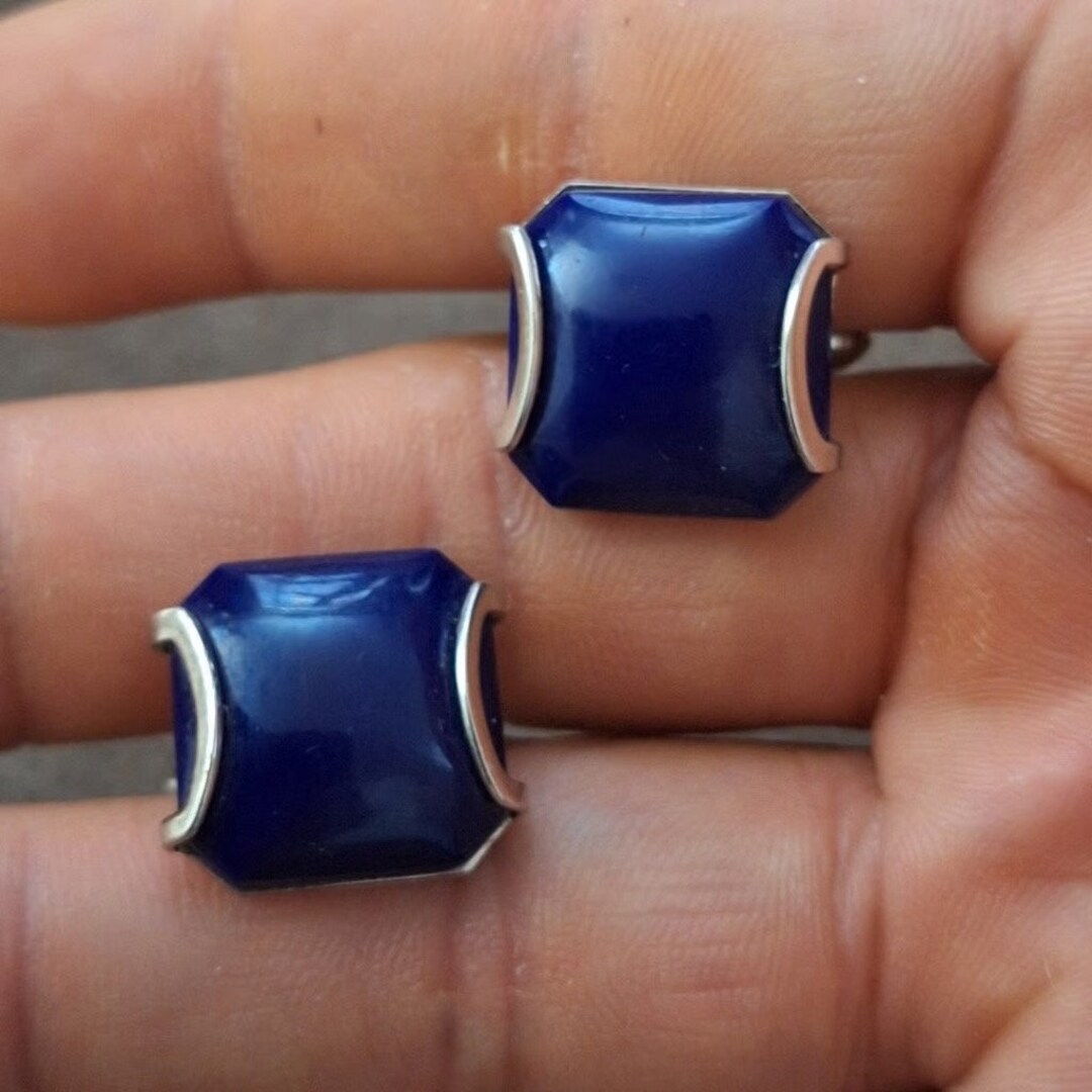 Mid Century Silver Frame Swank Blue Glass Cufflinks - Etsy