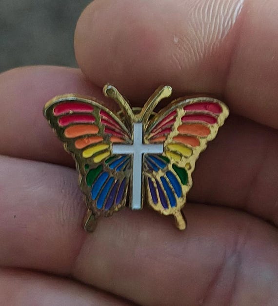 1980's Rainbow Butterfly With White Cross Gold Tone E… - Gem