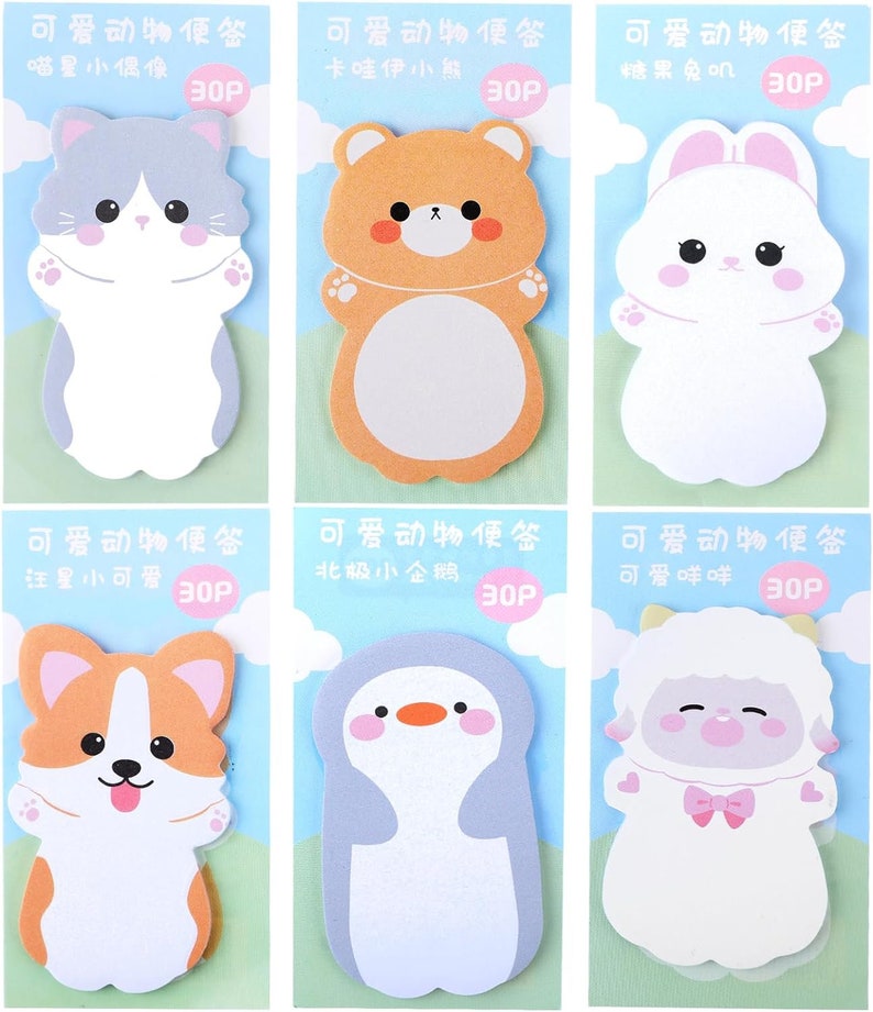 Kawaii Sticky Notes, 6 Pack Cartoon Animal Sticky Note Kawaii Markers ...