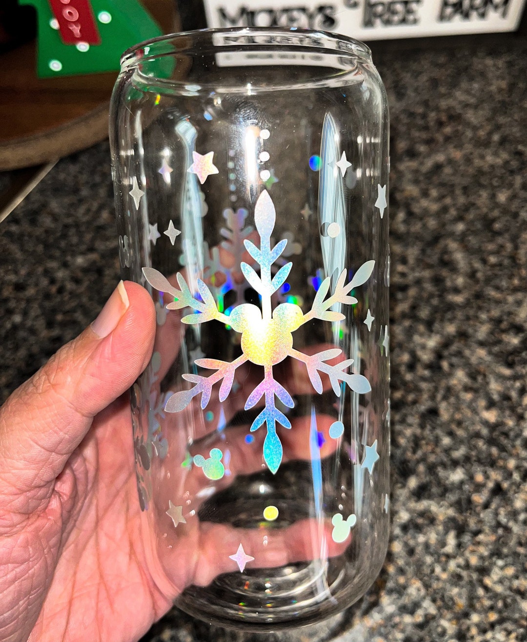 Mickey Snowflake Beer Can Glass Disney Libbey Beercan Glass Christmas ...