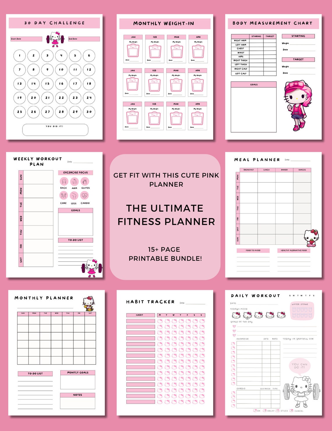 Printable Pink Fitness Planner, Weight Loss Tracker, Workout Planner ...