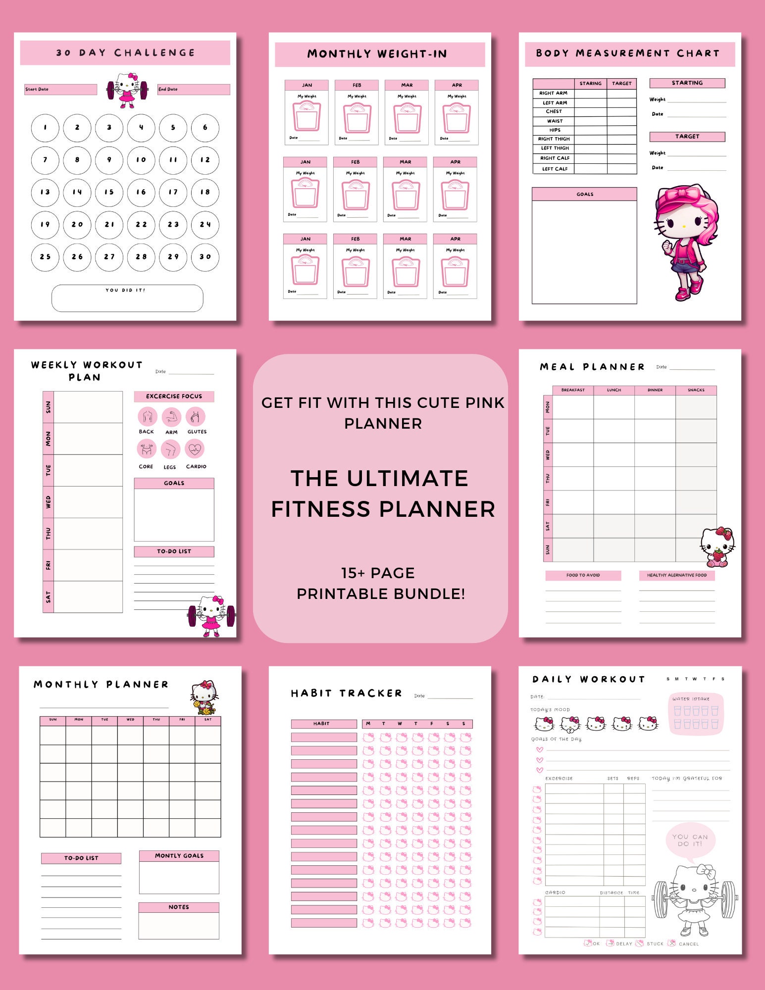 Printable Pink Fitness Planner, Weight Loss Tracker, Workout Planner ...