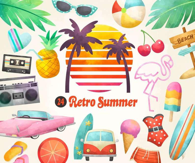 Summer Clipart, Retro Summer Png, Beach Party Clip Art, Watercolor ...