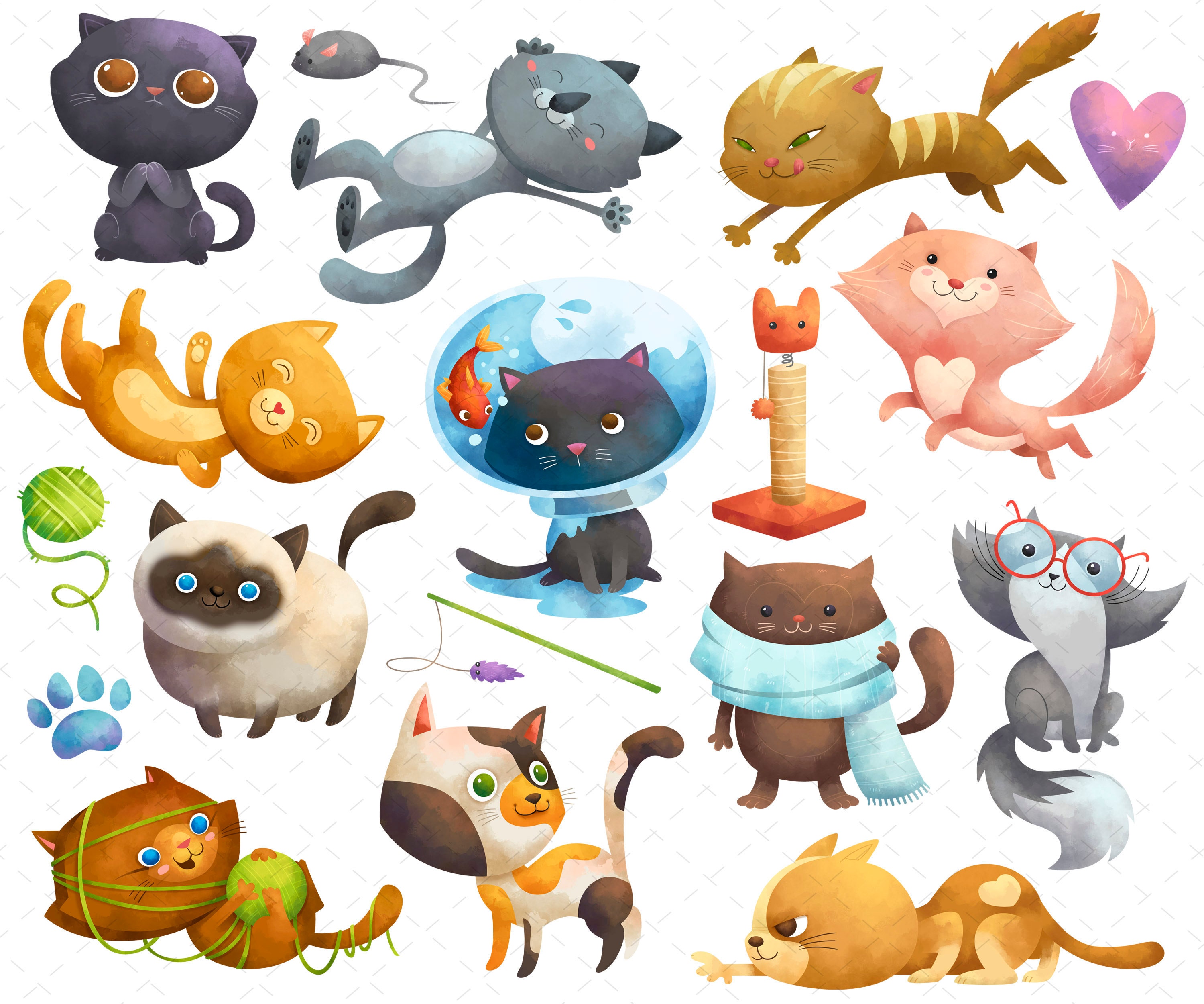 Watercolor Cats Clipart, Cute Funny Cats, Instant Download Animal ...
