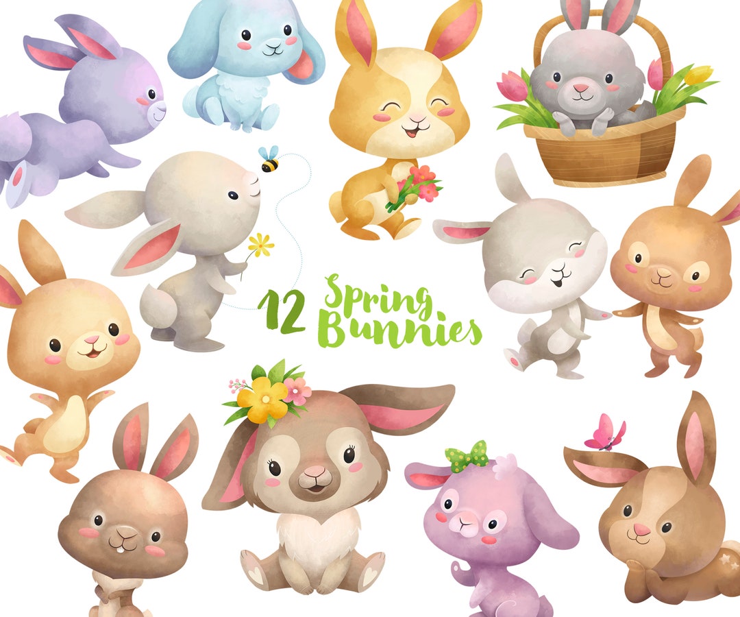 Spring Bunnies Clipart, Watercolor Bunny Clipart, Easter Rabbit Art ...