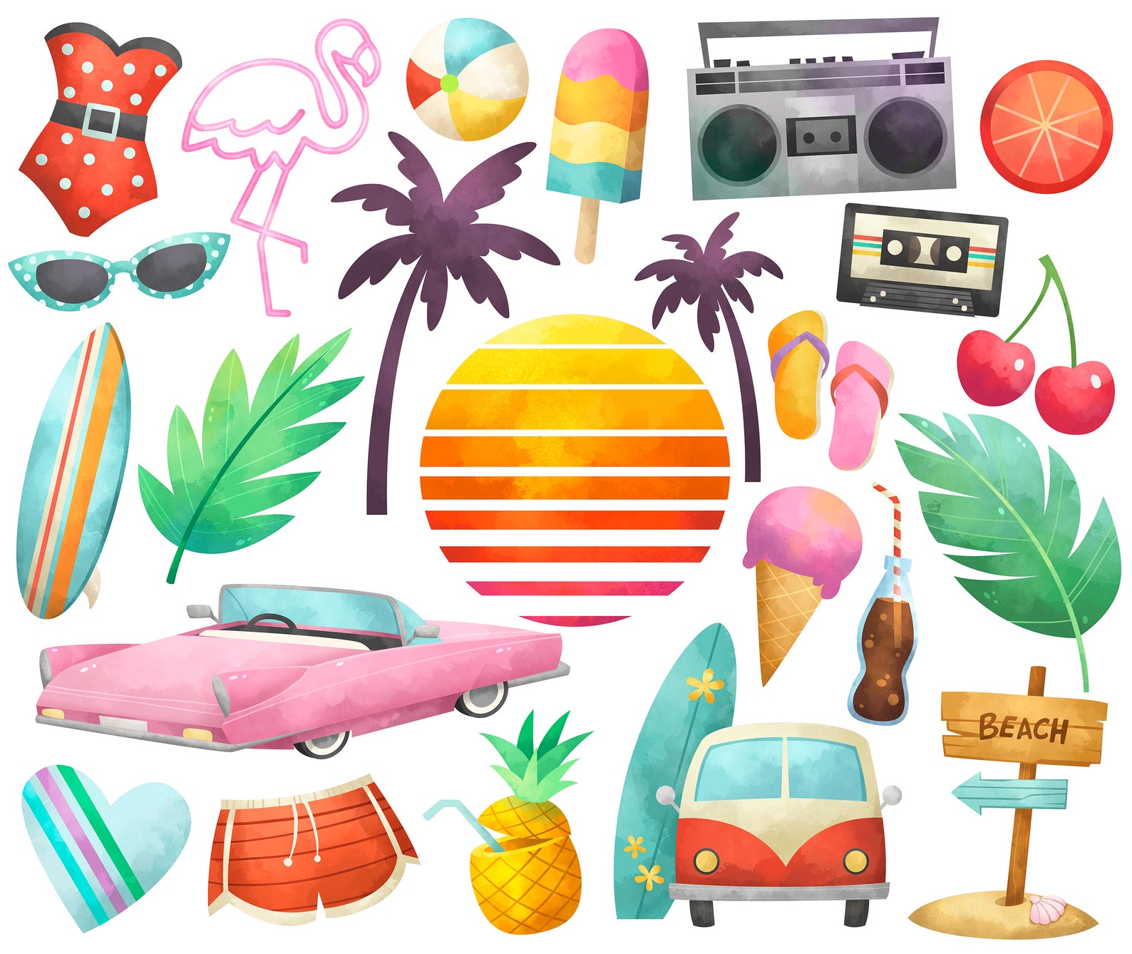 Summer Clipart, Retro Summer Png, Beach Party Clip Art, Watercolor ...